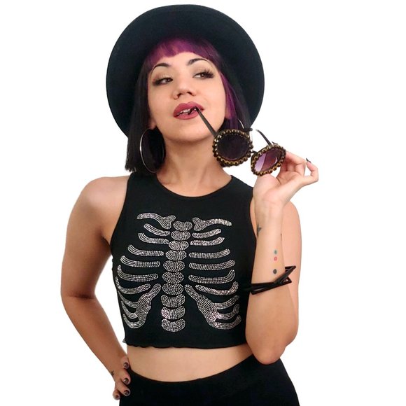Tops | Sparkle Bones Goth Skeleton Crop Top Gothic Size M Medium | Poshmark